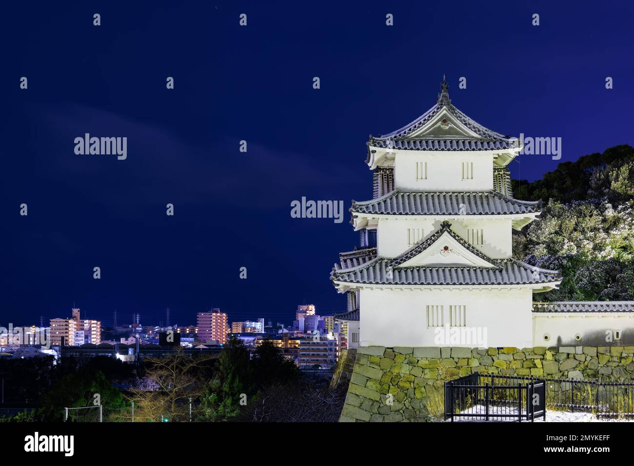 Historic Japanese castle lit at night with lights from modern city in ...