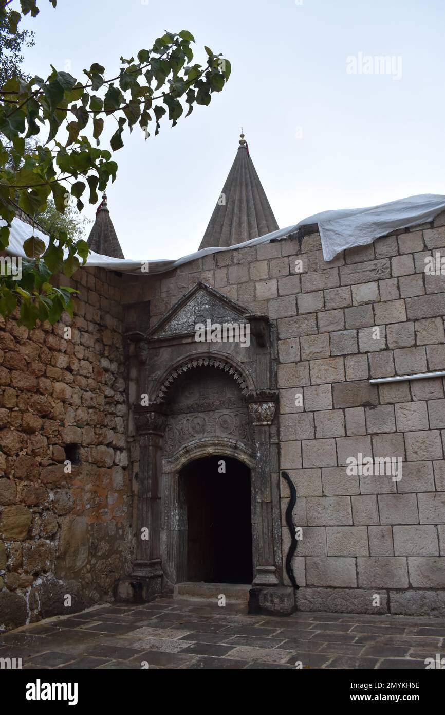A doorway at Lalish holy temple in Northern Iraq, the most holy place ...