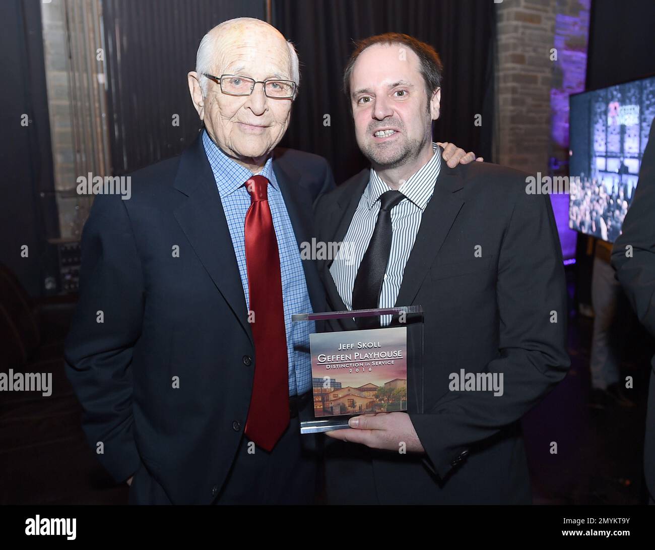 Norman Lear, left, and Jeff Skoll attend Backstage at the Geffen on ...