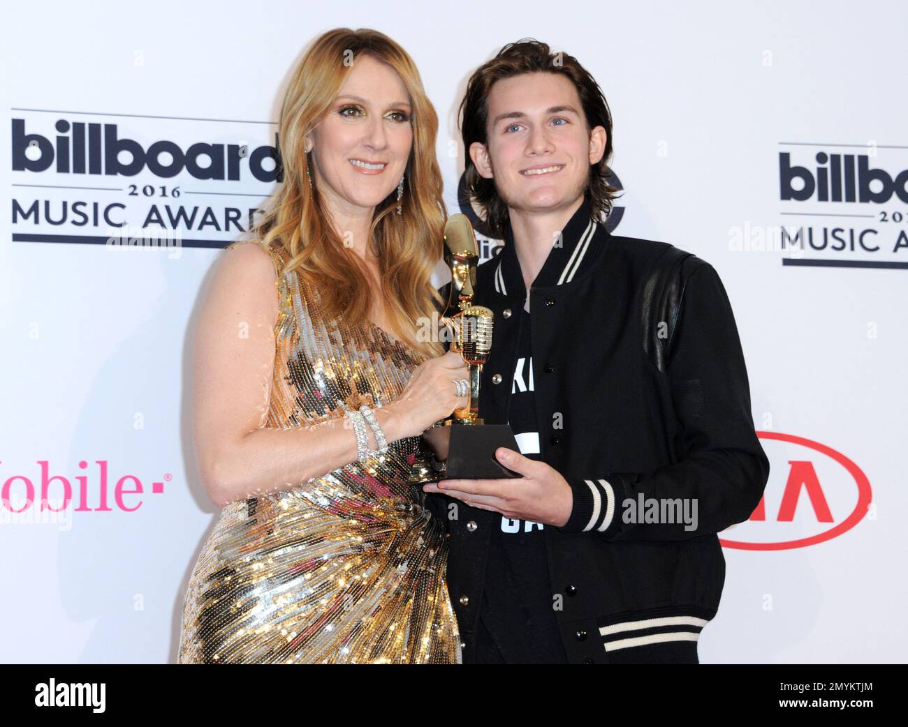 Celine Dion, winner of the icon award, left, and her son Rene-Charles ...
