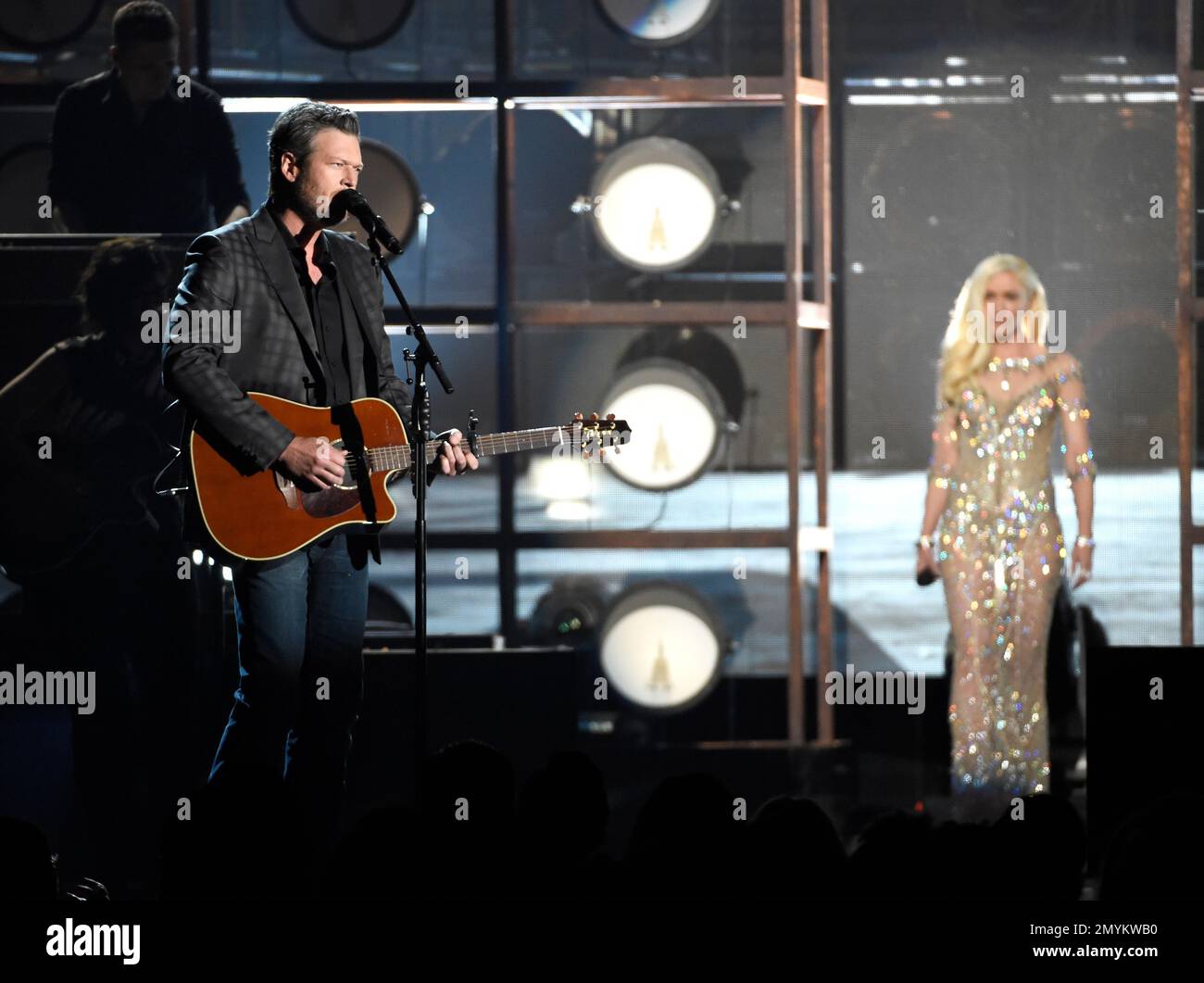 Blake Shelton, left, and Gwen Stefani perform “Go Ahead and Break My ...