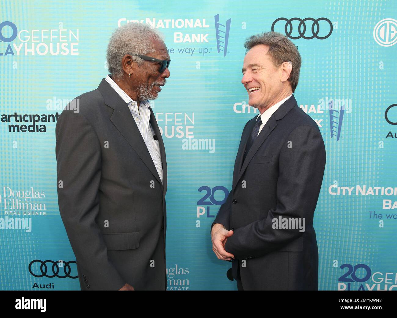 Morgan Freeman, left, and Bryan Cranston attend Backstage at the Geffen ...