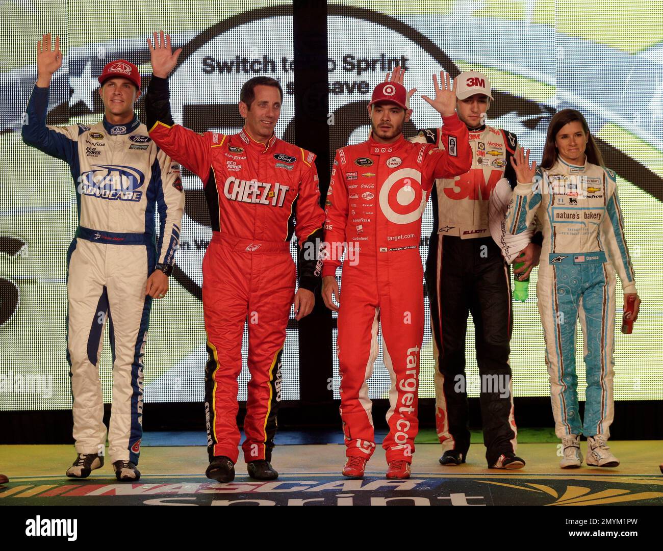 Trevor Bayne, Greg Biffle, Kyle Larson, Chase Elliott and Danica Patrick, from left, are ...