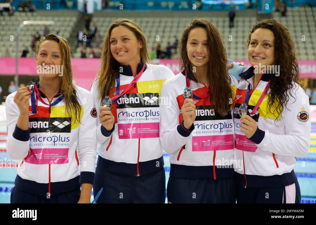 The Spanish team show off their silver medals after the women's 4x200 ...