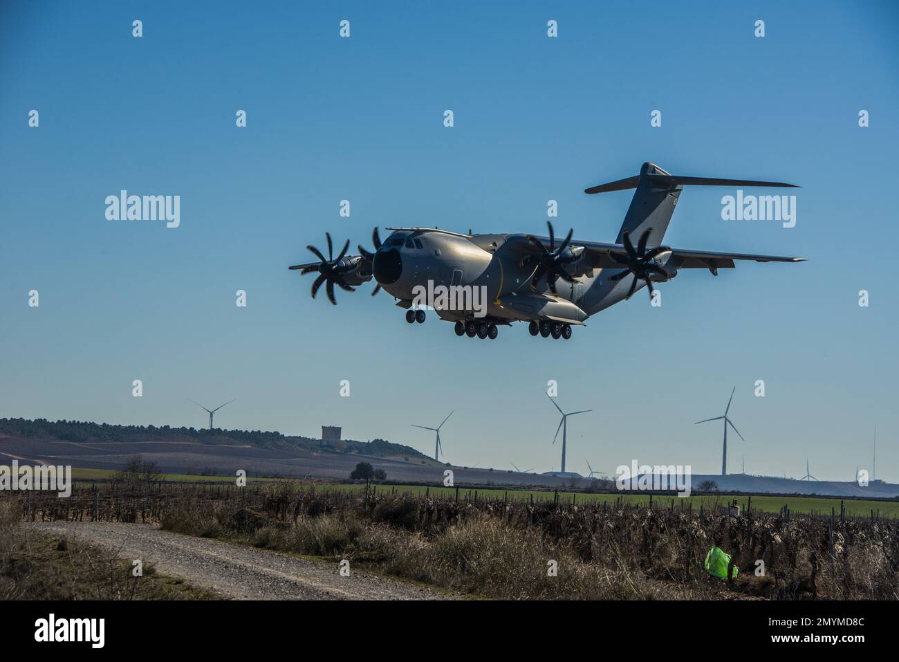 A Spanish A400M Atlas aircraft lands in a drop zone during exercise ...