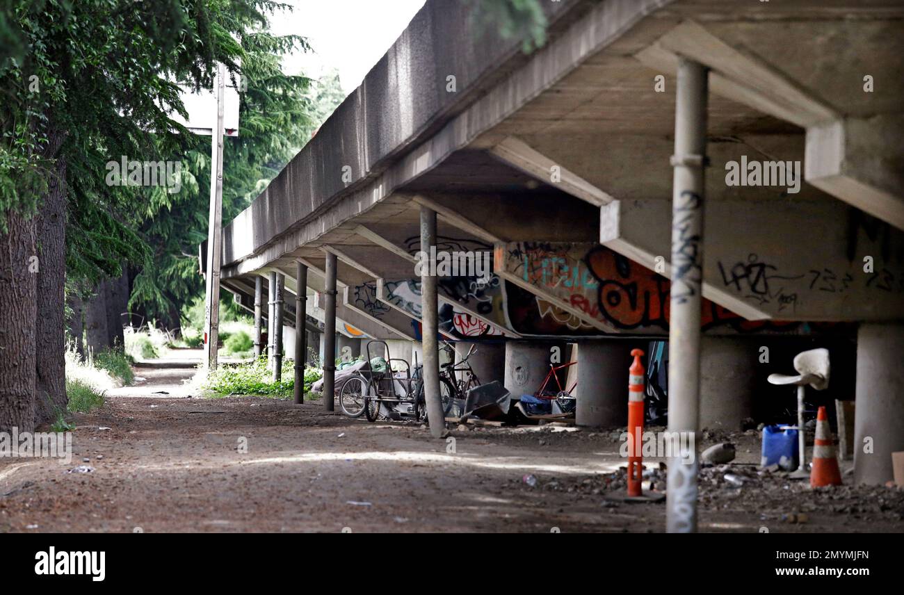 Bicycles and other belongings line the underside of Interstate 5 at a ...