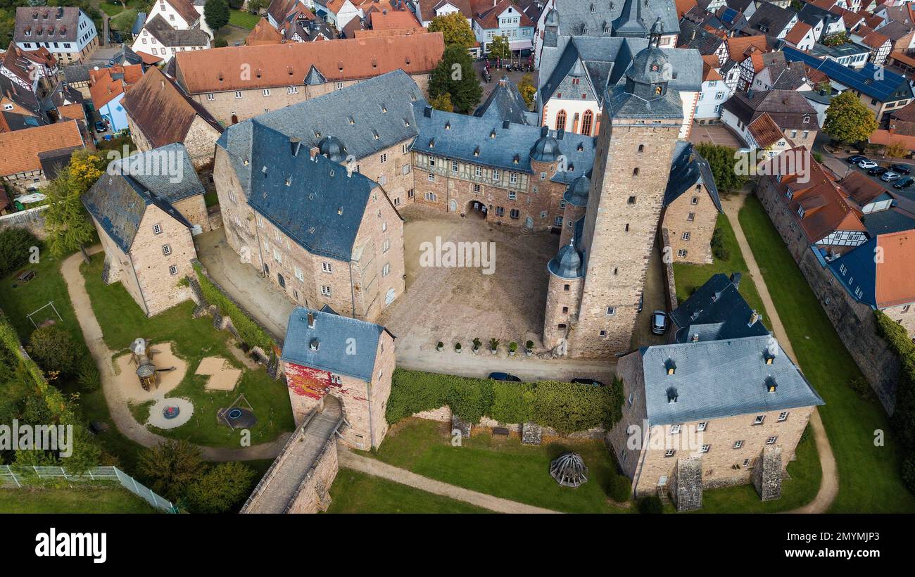 Aerial view of Steinau Castle with historic castle courtyard in the ...