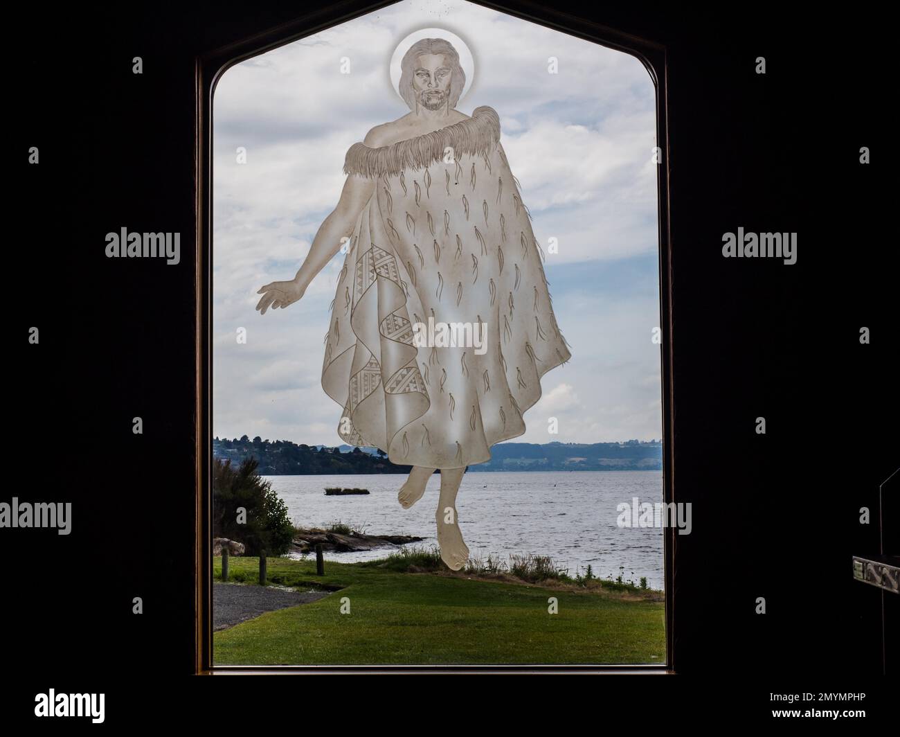 Christ as Maori King walking across Lake Rotorua, reverse painting on ...
