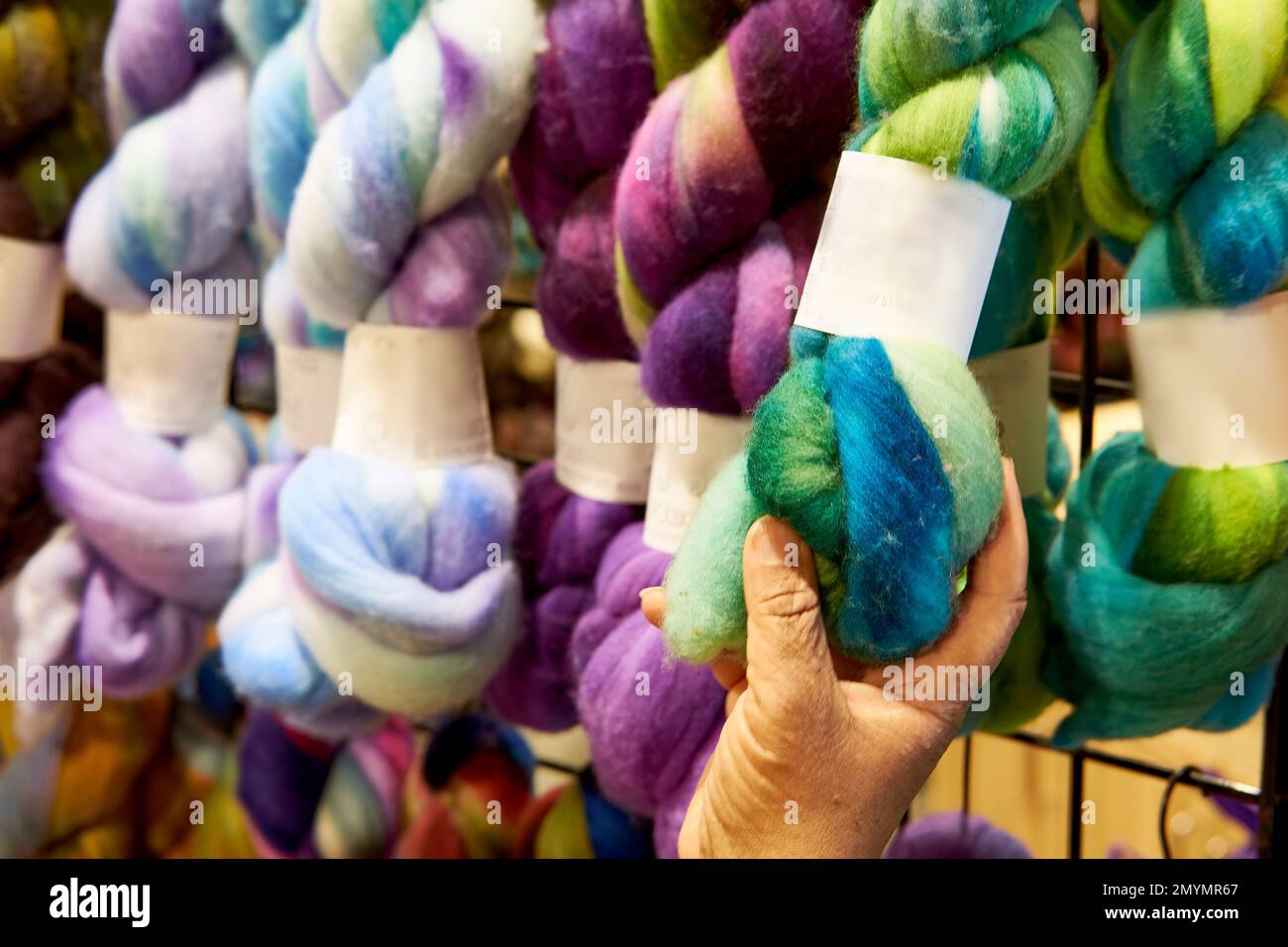 A crafter chooses a multicolored wool yarn from the many skeins on a ...