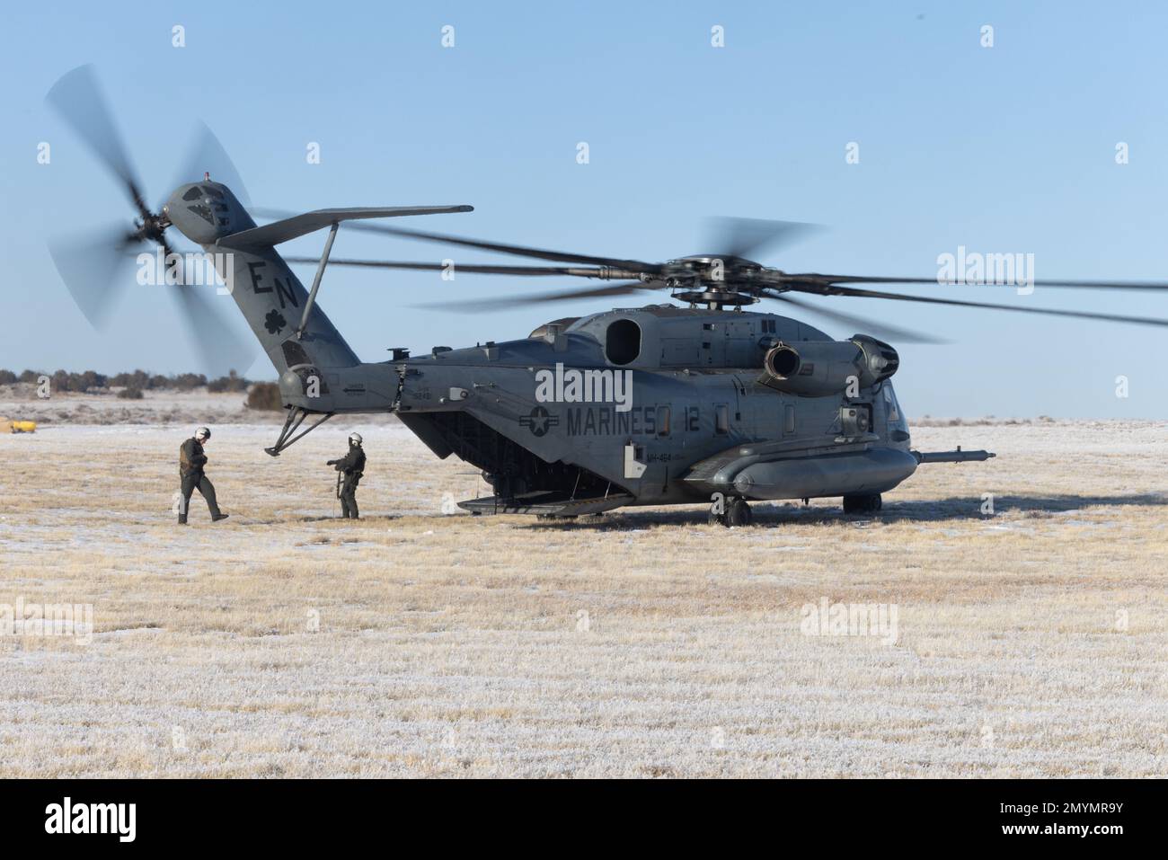 U.S. Marines with Marine Heavy Helicopter Squadron (HMH) 464 land in a ...