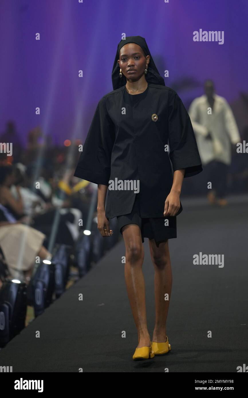 A model displays an outfit by designer Ajabeng during the ARISE Fashion ...