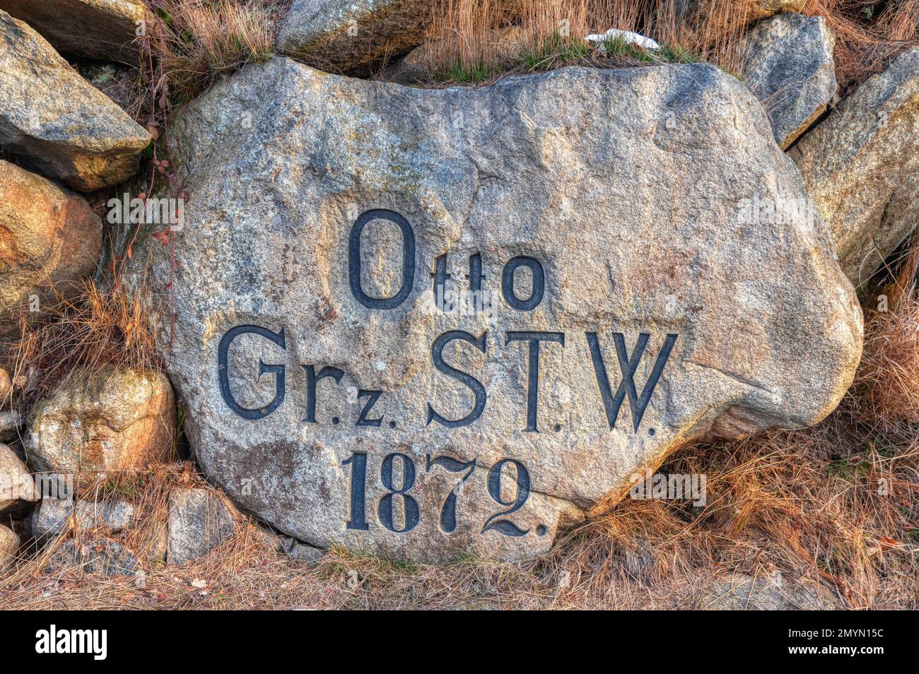 Erratic block boundary stone Schierke 1872 Stock Photo - Alamy