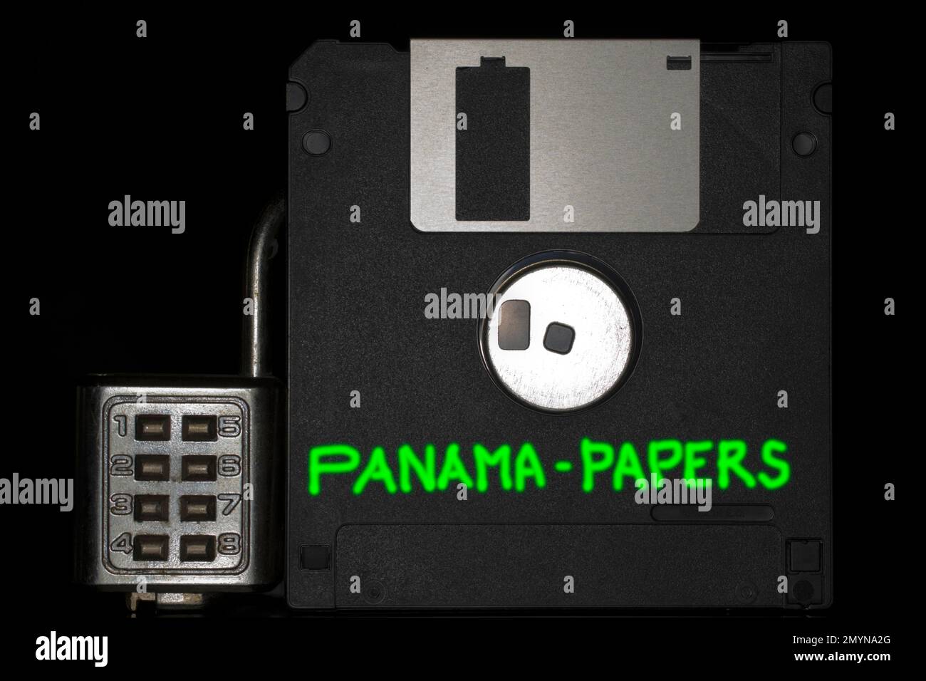 Floppy disc with combination lock with the green inscription Panama ...