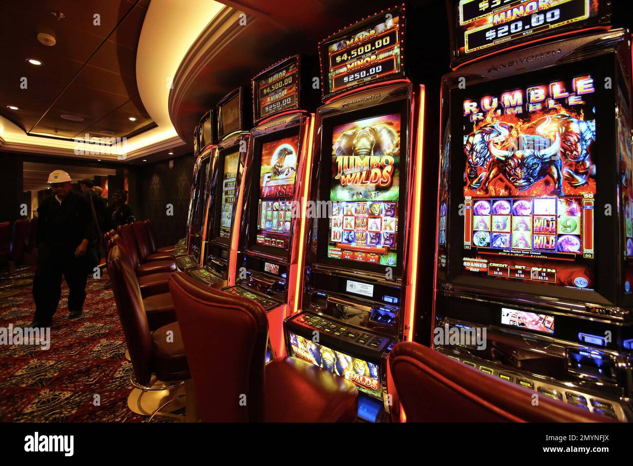 Slot machines are pictured inside the Harmony of the Seas cruise ship ...