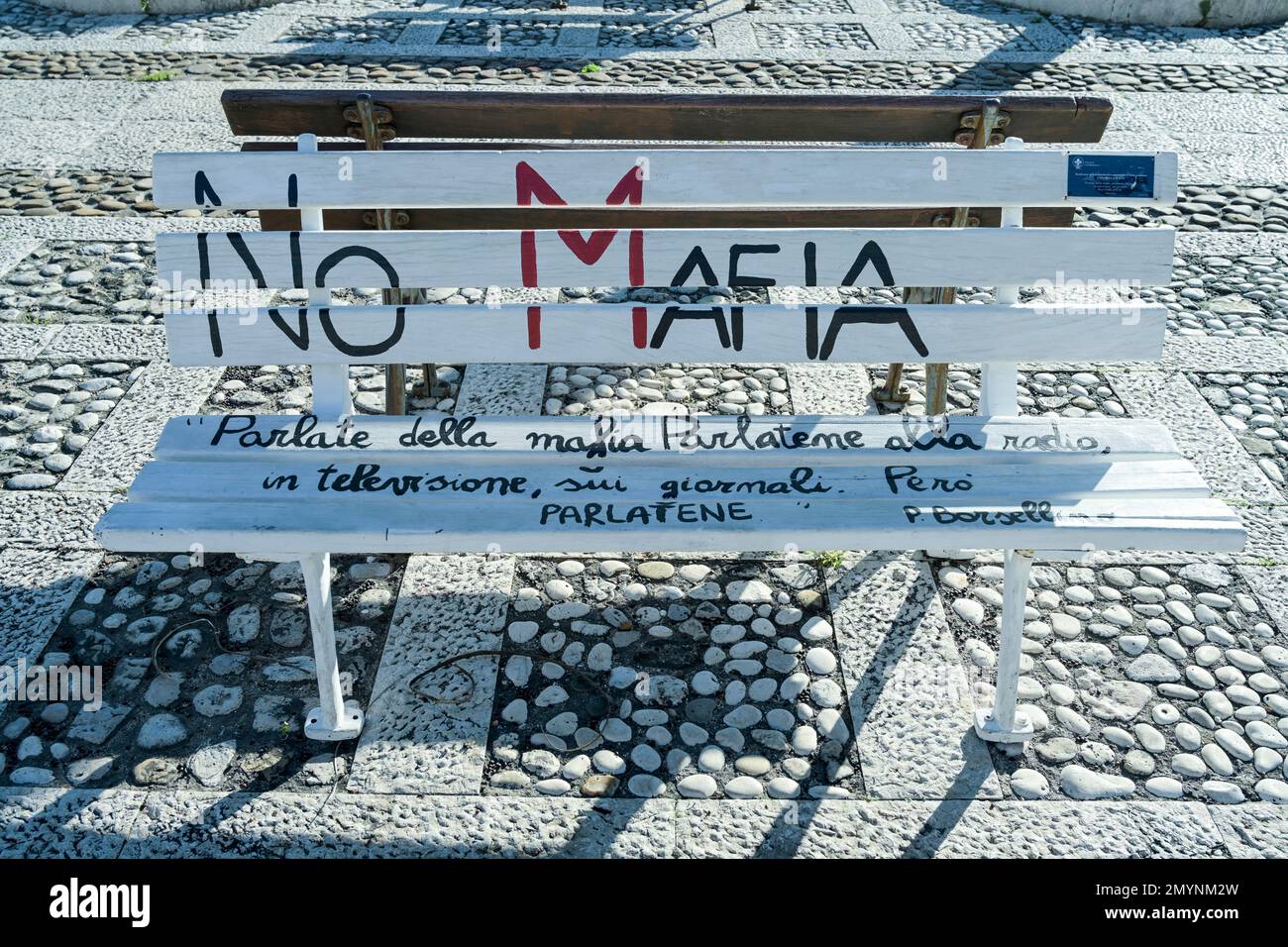 Park bench, protest, No Mafia, Castellammare del Golfo, Sicily, Italy ...
