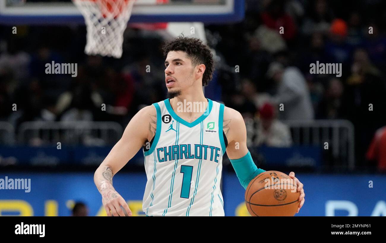 Charlotte Hornets guard LaMelo Ball plays during the first half of an ...