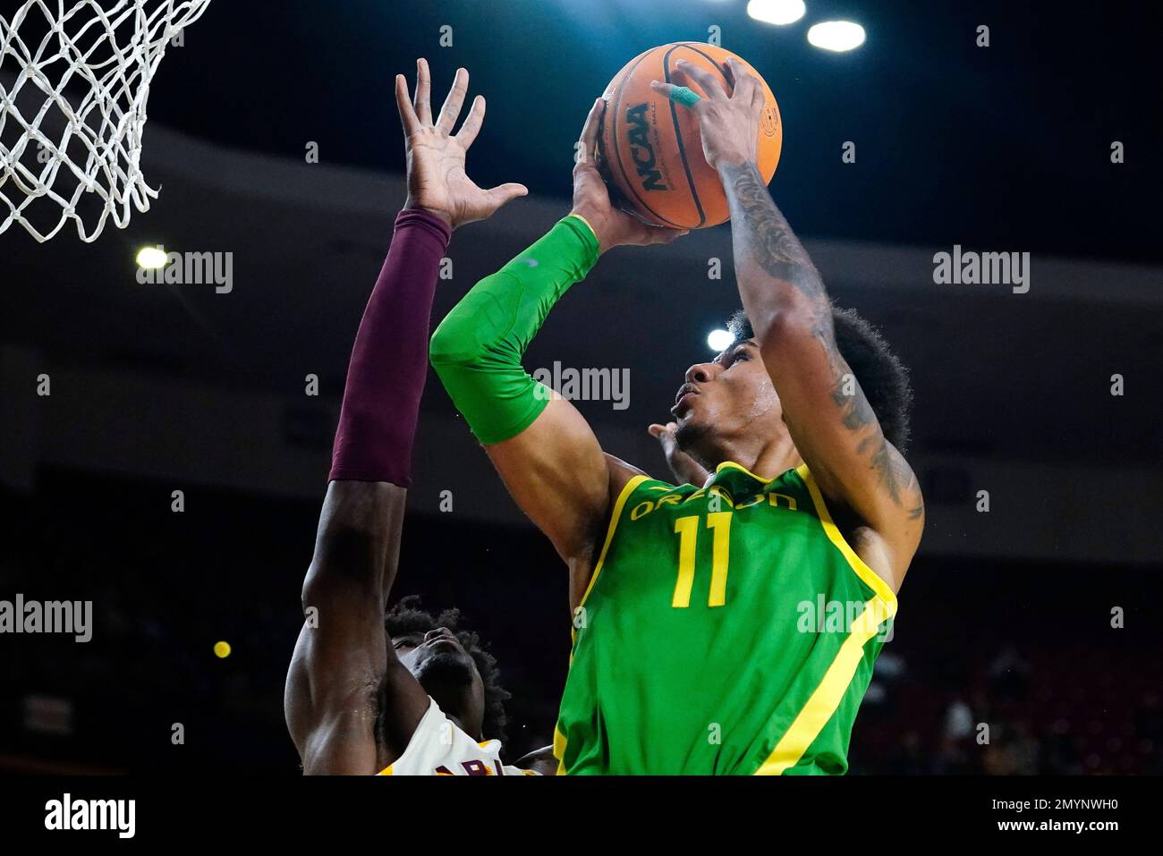 Oregon's Rivaldo Soares (11) shoots over Arizona State's Enoch Boakye ...