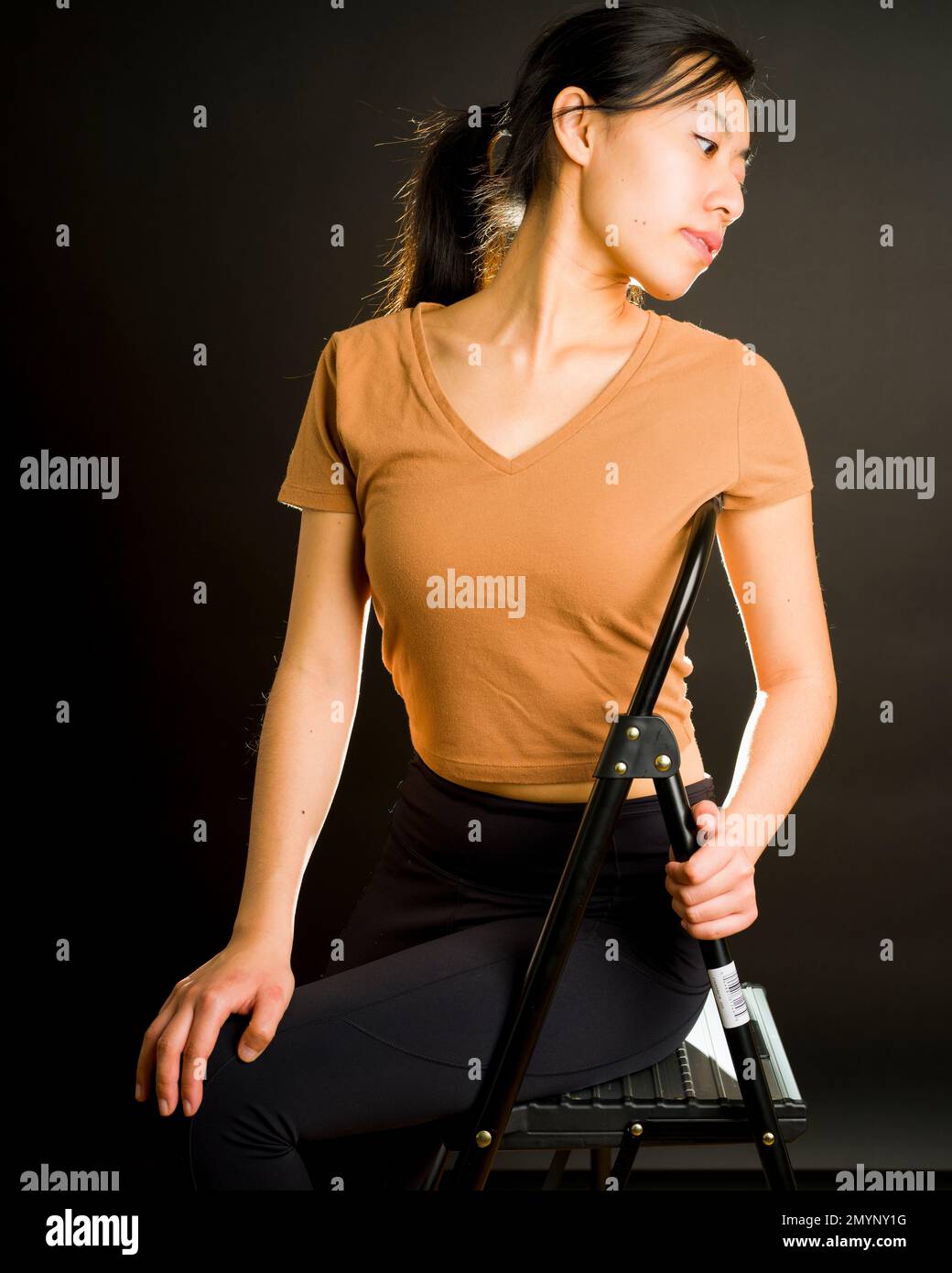 Backlit Young Asian Woman on a Step Ladder Facing Camera Stock Photo ...