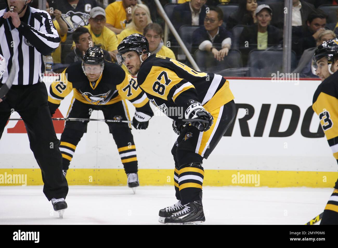 Pittsburgh Penguins Sidney Crosby (87) prepares for a face-off during the second period of Game ...