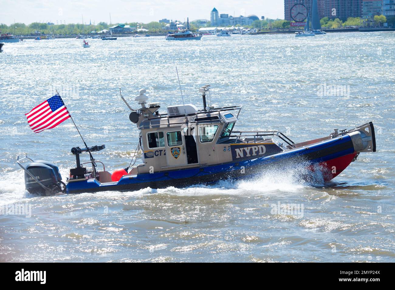 An NYPD patrol boat is seen in the Hudson River alongside the America’s ...