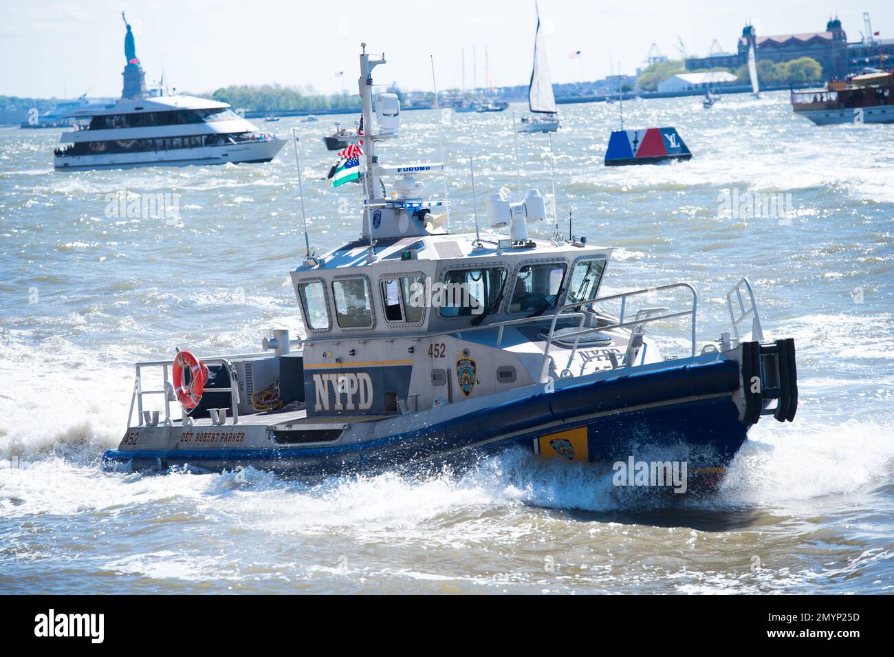 An NYPD patrol boat is seen in the Hudson River alongside the America’s ...