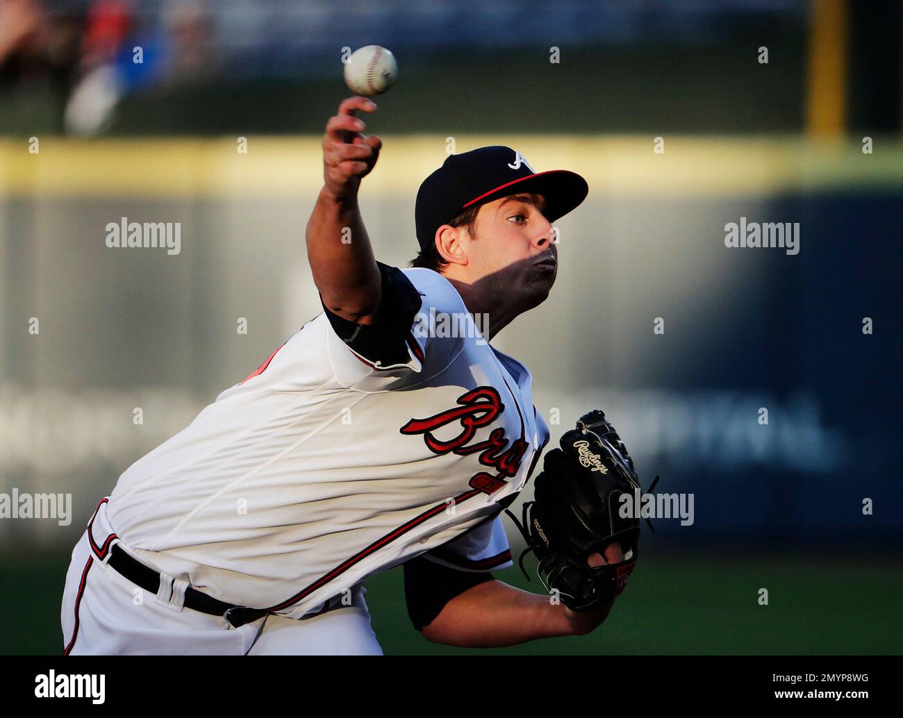 Atlanta Braves starting pitcher Aaron Blair throws in the first inning ...