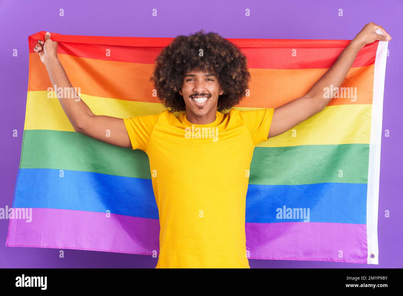 Happy african man raising a lgbt rainbow flag Stock Photo - Alamy