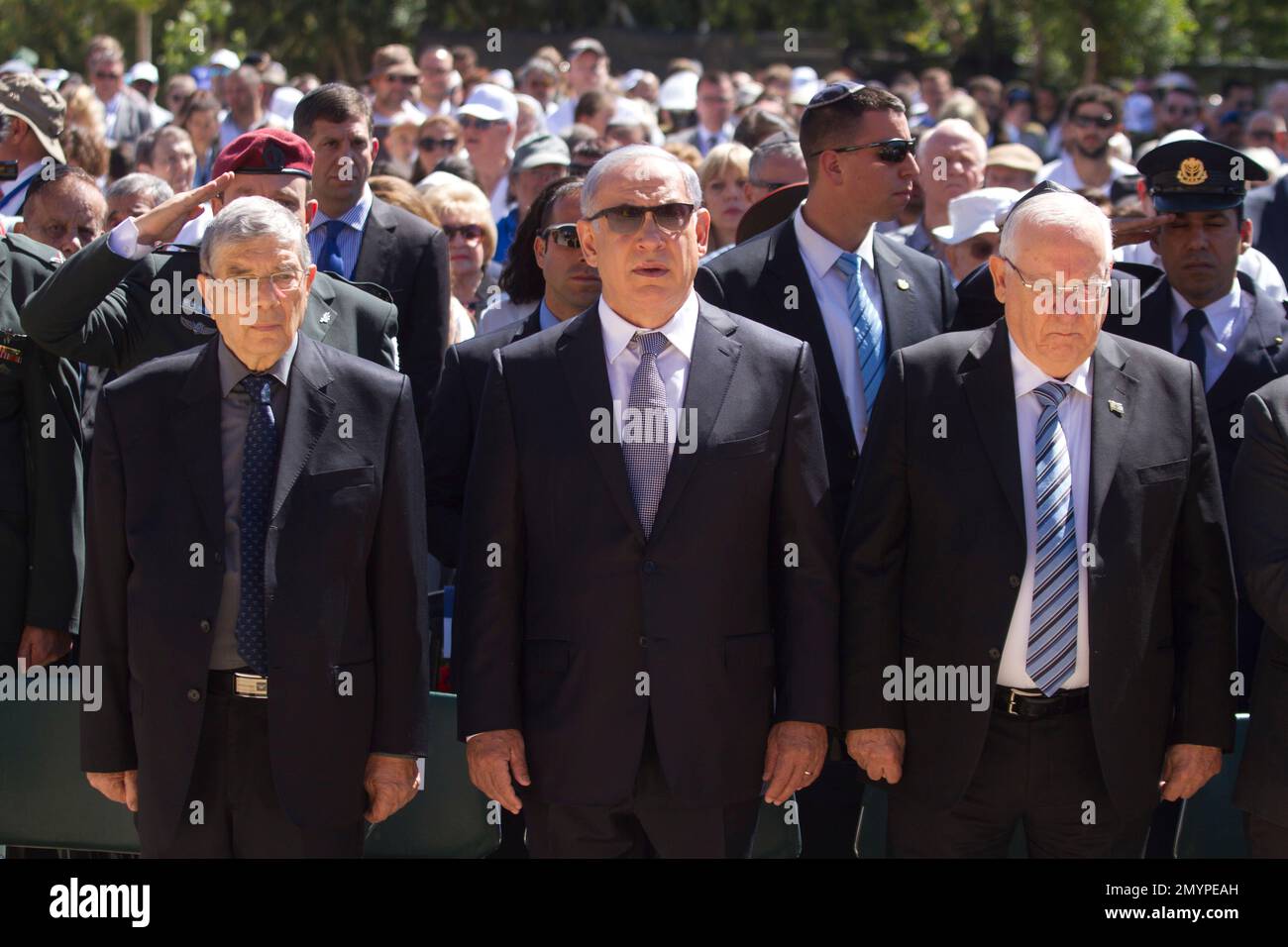 Israeli Prime Minister Benjamin Netanyahu, center, Israeli president Reuven Rivlin, right ...
