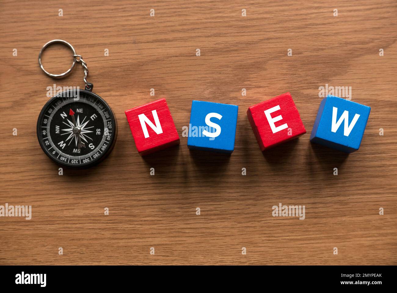 A compass and a wooden cube written with alphabet N, S, E and W ...