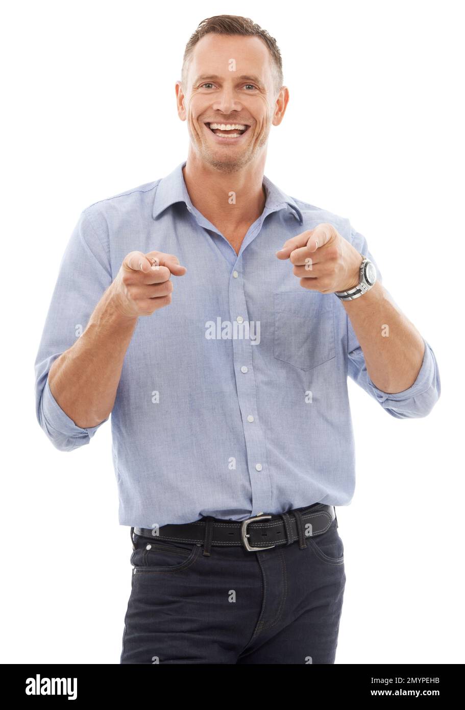 Portrait of man, smile and pointing finger with proud, confident choice ...