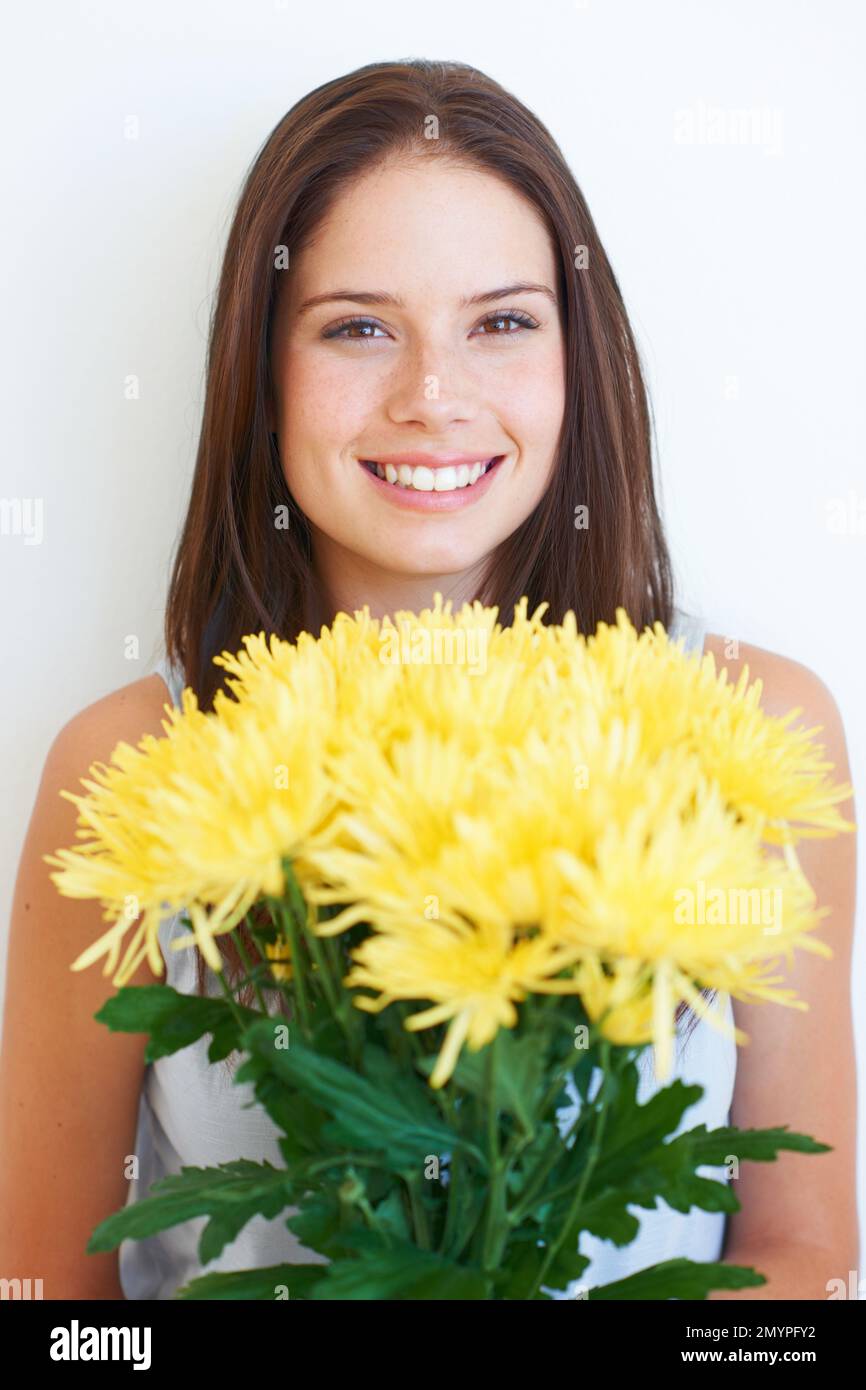 Flower bouquet, studio face portrait and happy woman with floral ...