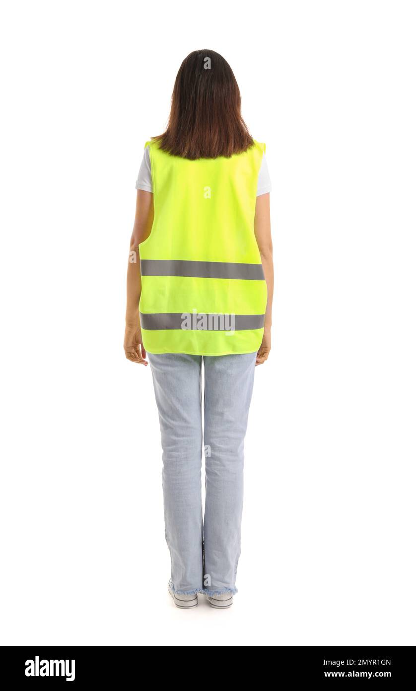 Female worker in vest on white background, back view Stock Photo - Alamy