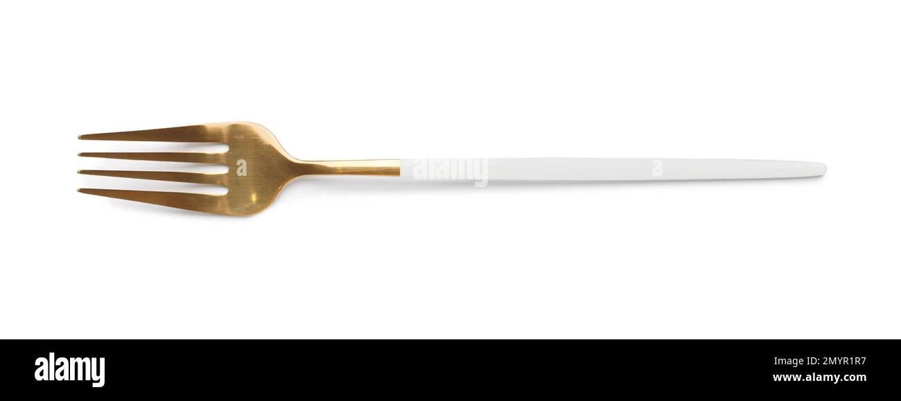 Stylish golden fork isolated on white background Stock Photo - Alamy