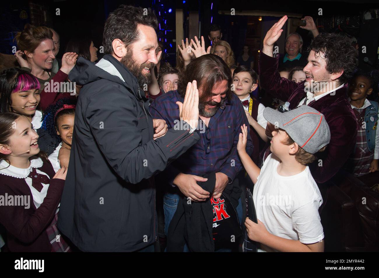 Paul Rudd, left, Jack Black, Samuel Black and Alex Brightman meet backstage at Broadway's ...