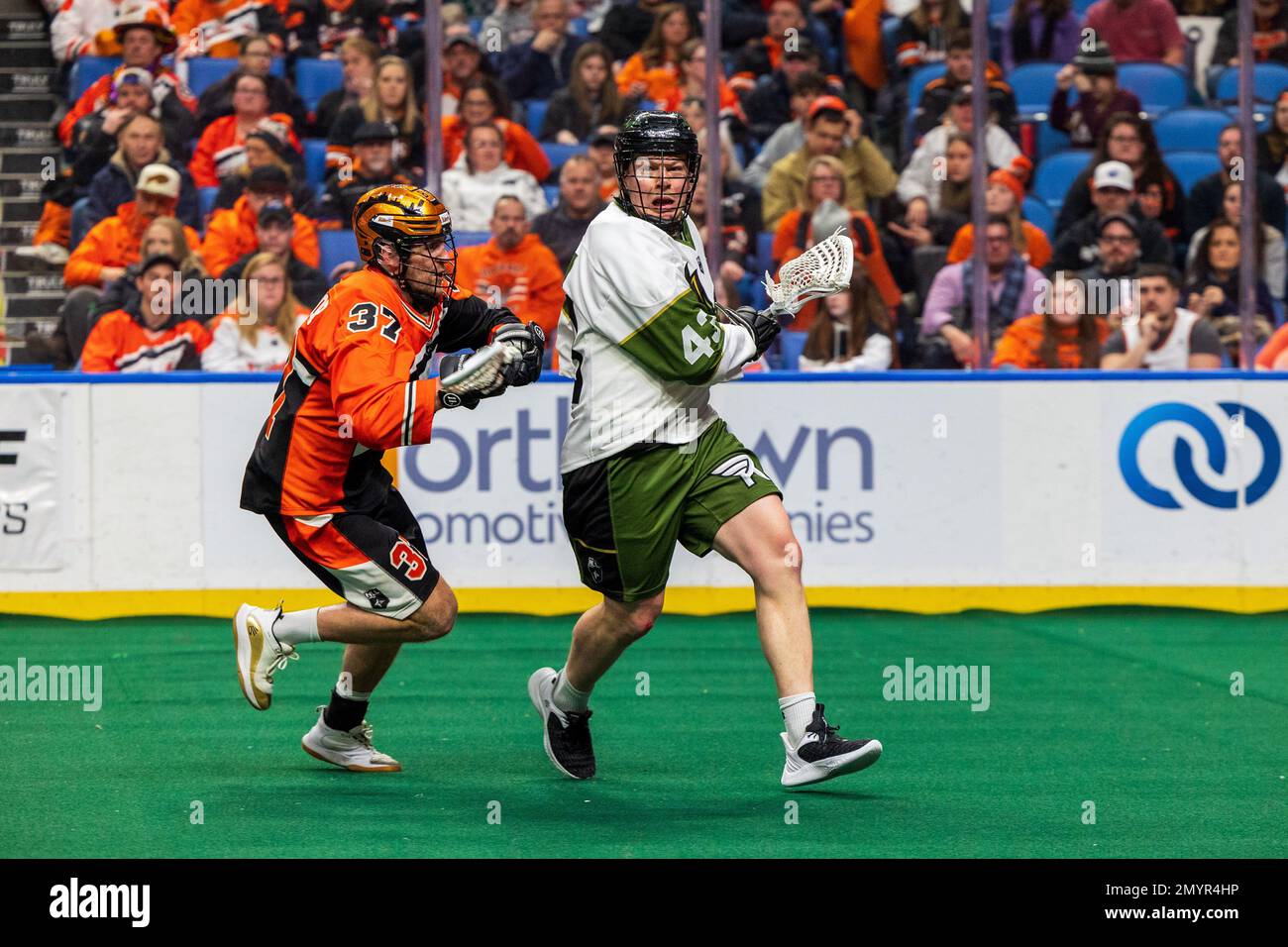 February 4th, 2023: Rochester Knighthawks forward Ryan Smith (43) runs ...