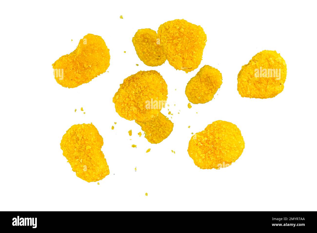 Falling chicken nuggets isolated on a white background, clipping path ...