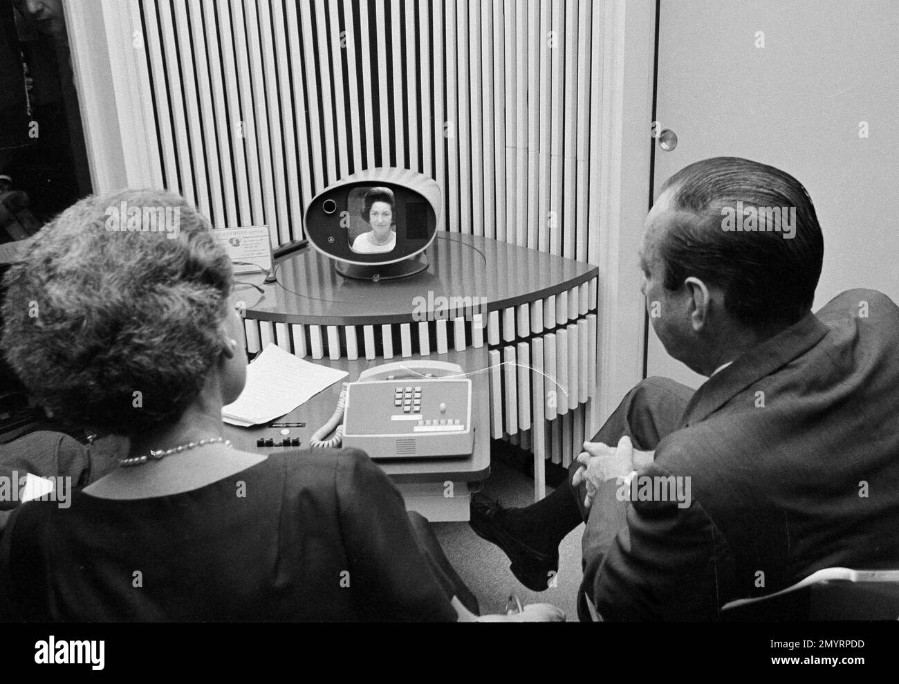 Ladybird Johnson, in Washington, chats via Bell Telephone's picturephone, with Dr. Elizabeth A ...