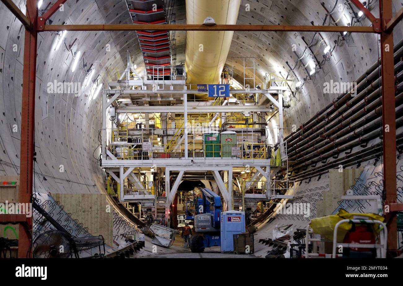 Scaffolding surrounds the back side of the boring machine known as ...