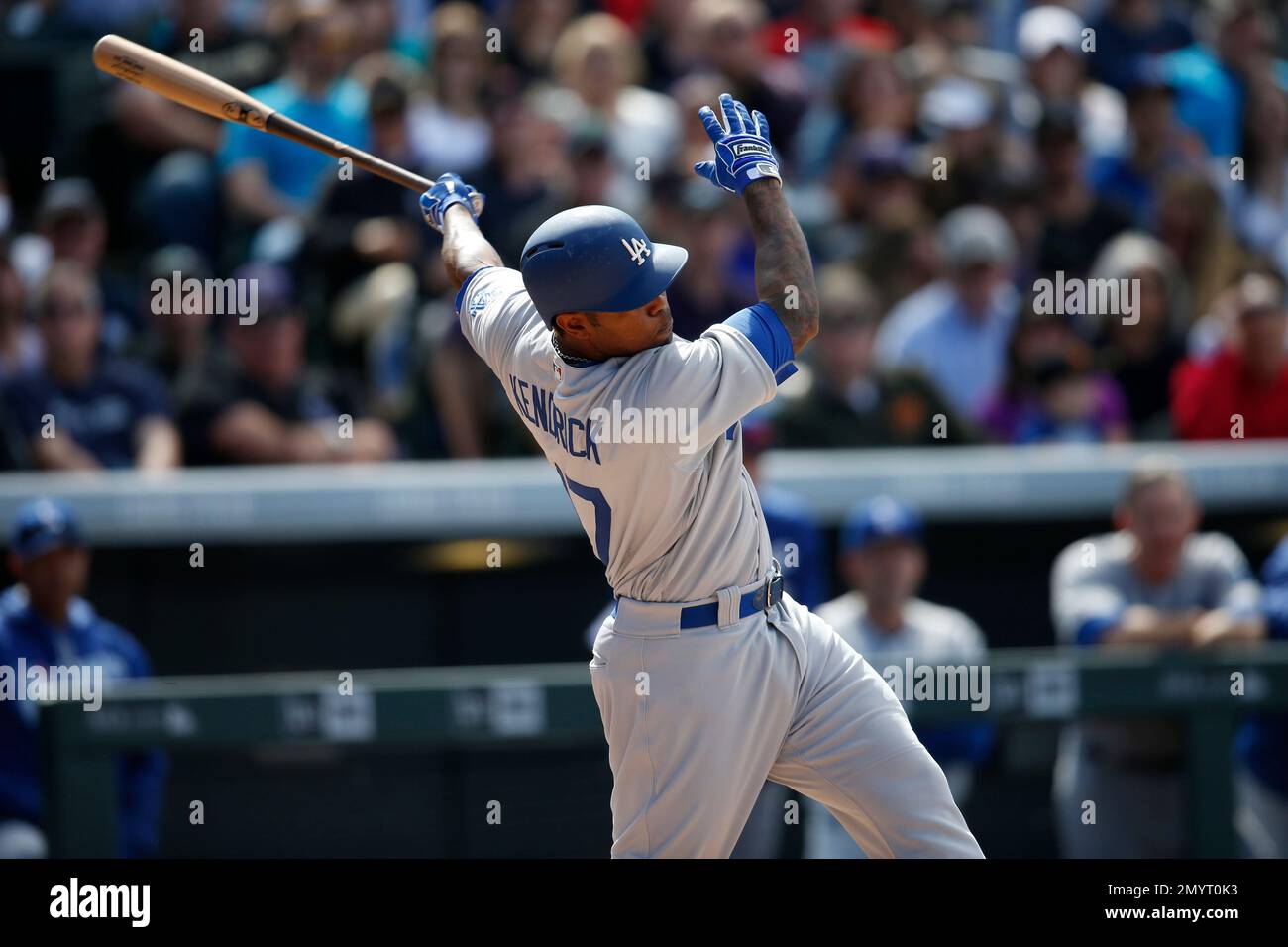 Los Angeles Dodgers left fielder Howie Kendrick (47) bats in the fourth ...