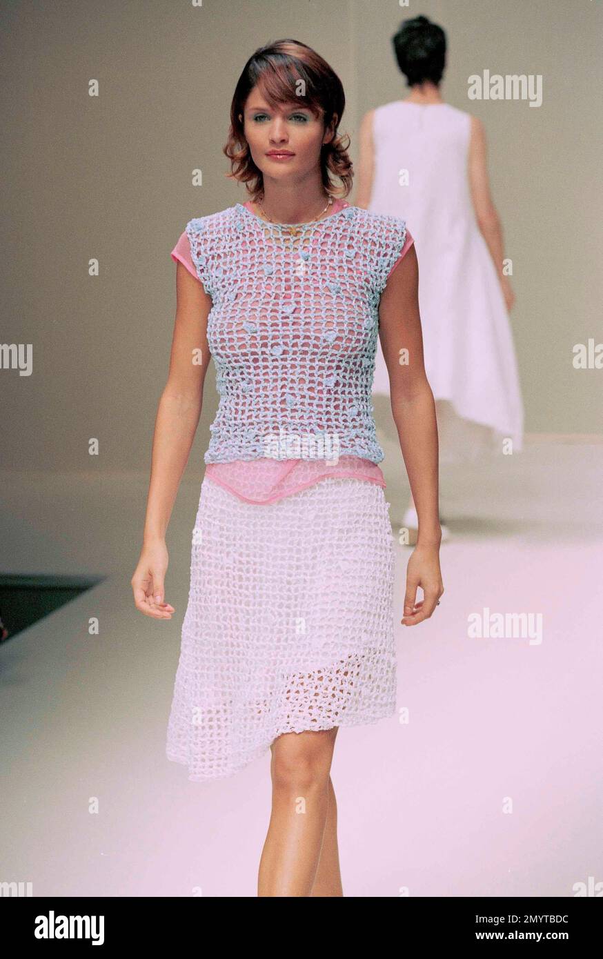 Danish top model Helena Christensen presents a white crochet skirt with ...