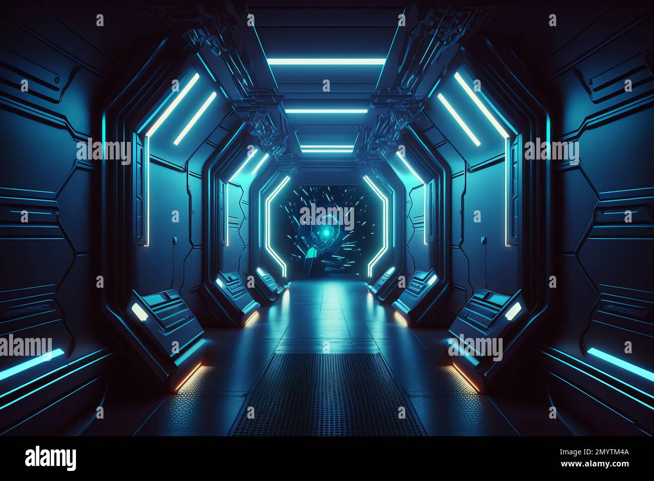 Corridor spaceship futuristic sci-fi tunnel passageway with glowing shiny neon lights ...