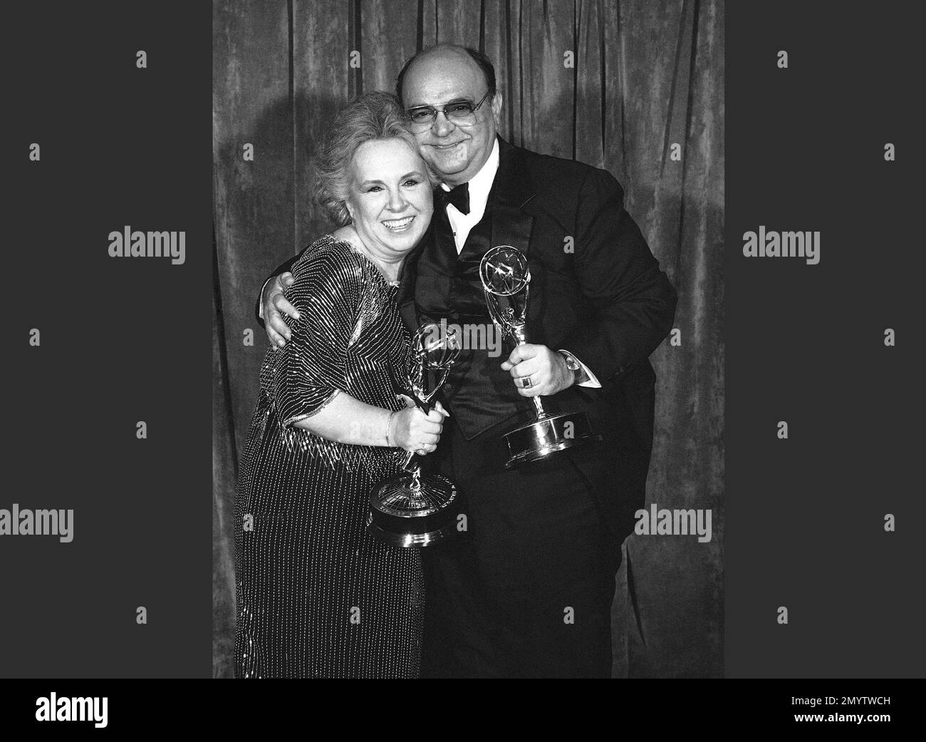 FILE - In this Sept. 25, 1983 file photo, Doris Roberts, left, and James Coco hold up the Emmys ...