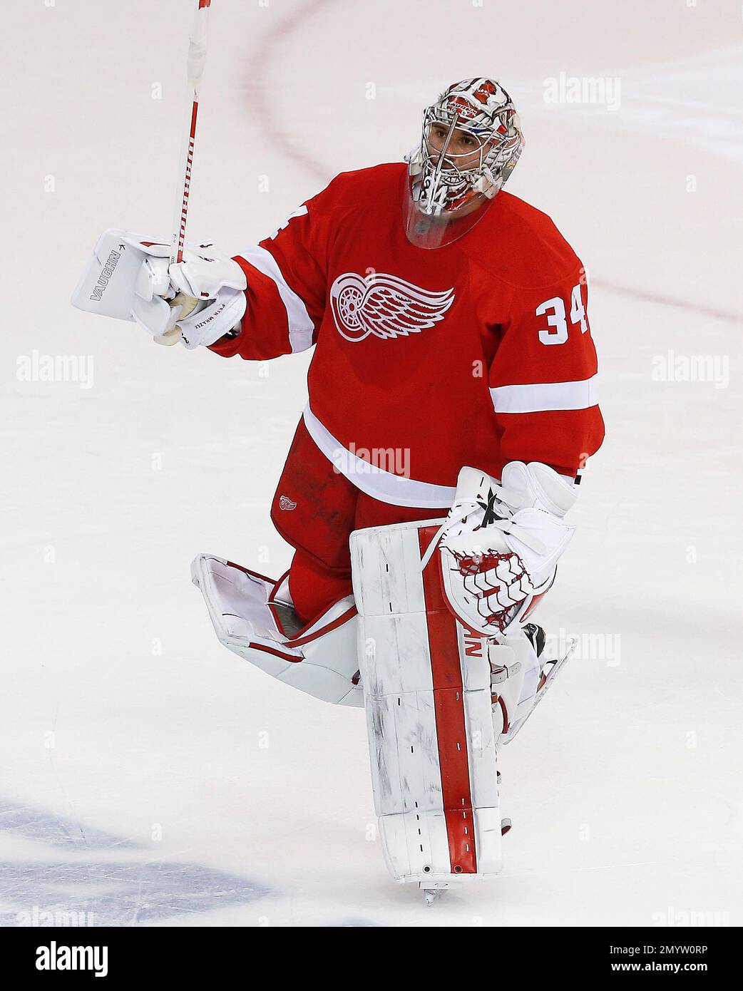 Detroit Red Wings goalie Petr Mrazek (34) celebrates their 2-0 win ...