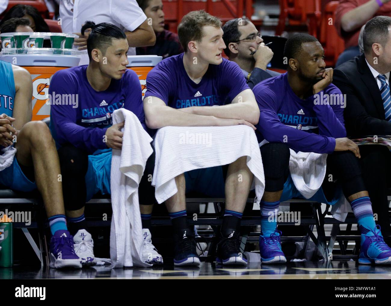 Charlotte Hornets guard Jeremy Lin, left, center Cody Zeller, center ...