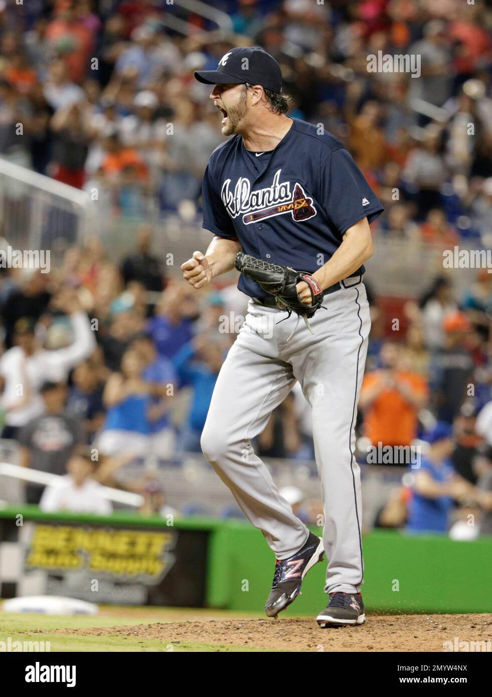 Atlanta Braves relief pitcher Jason Grilli reacts after striking out ...