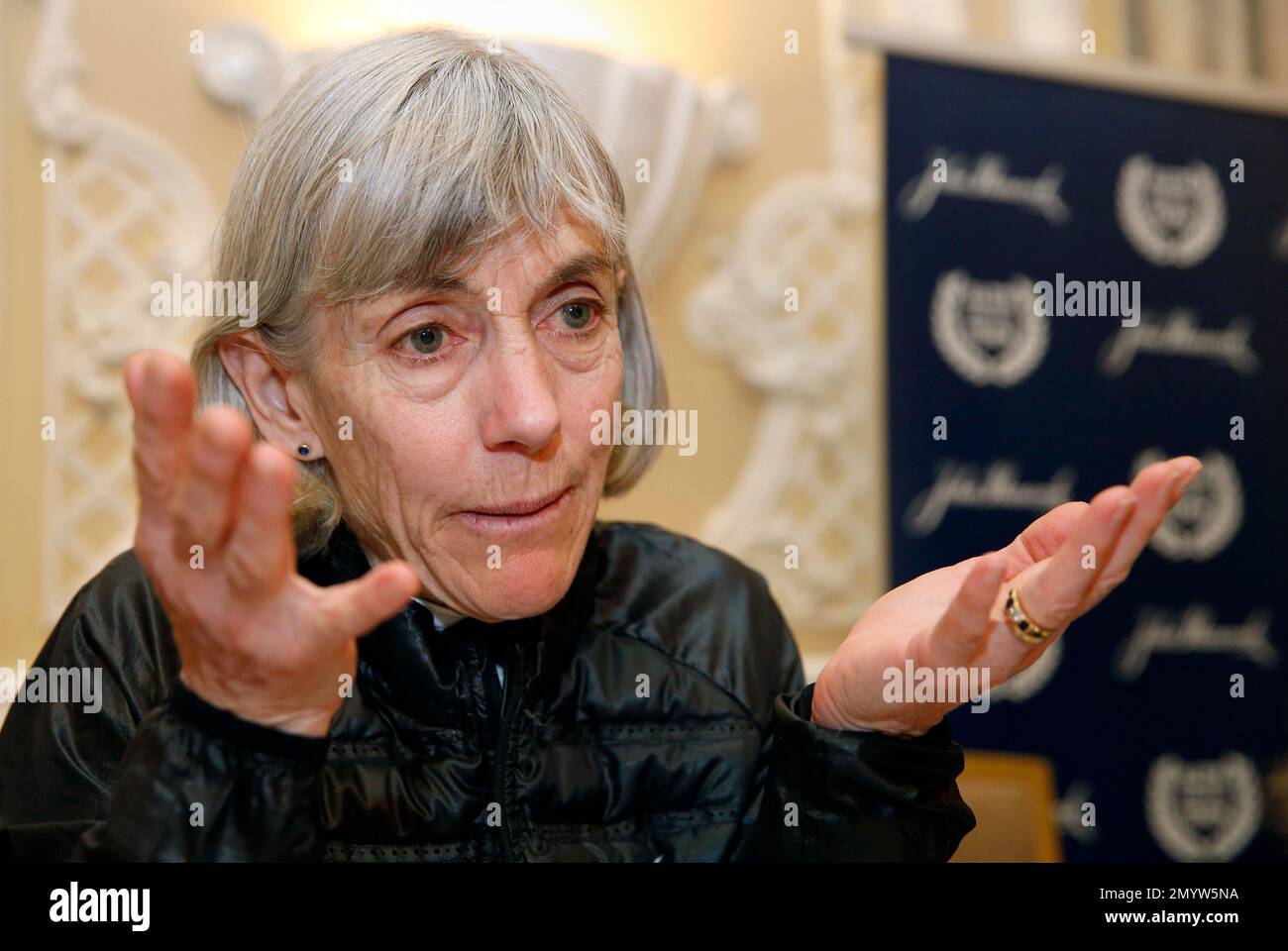 In this Friday, April 15, 2016 photo, Joan Benoit speaks with a ...