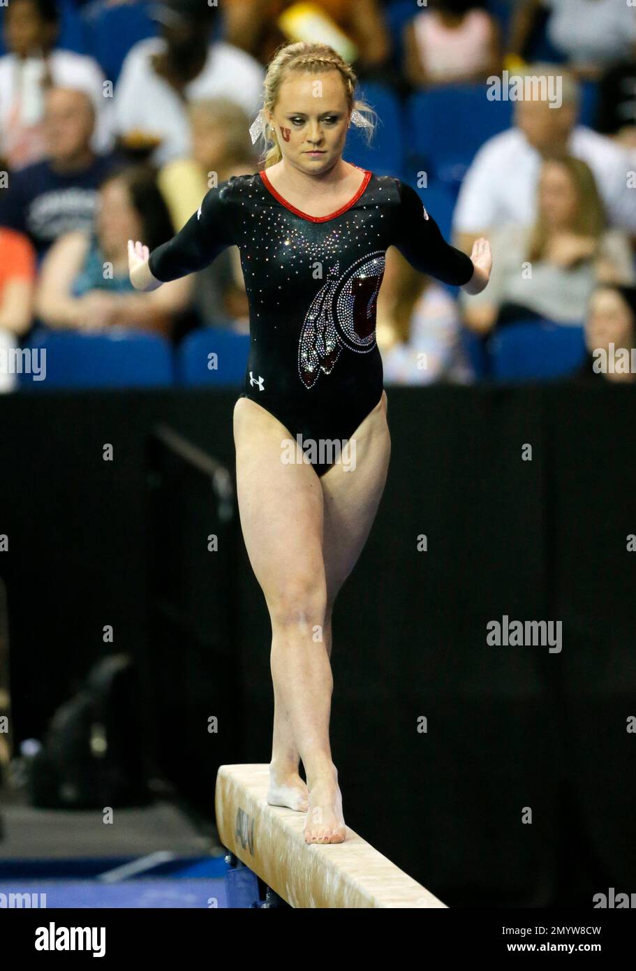 Utah's Maddy Stover competes on the balance beam during the NCAA women ...