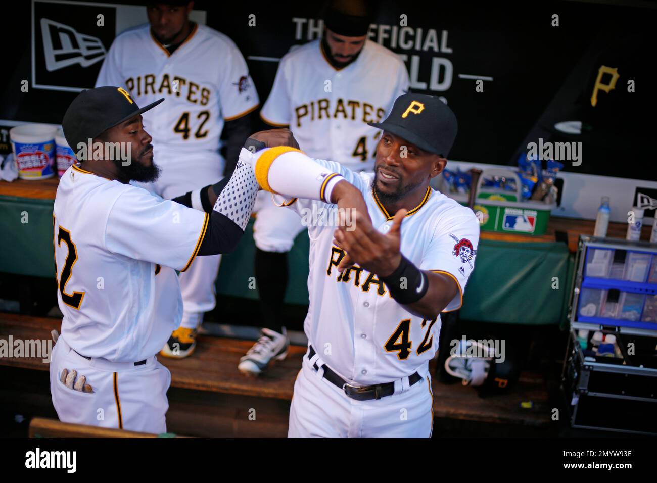 Pittsburgh Pirates' Andrew McCutchen, right, and Josh Harrison perform ...