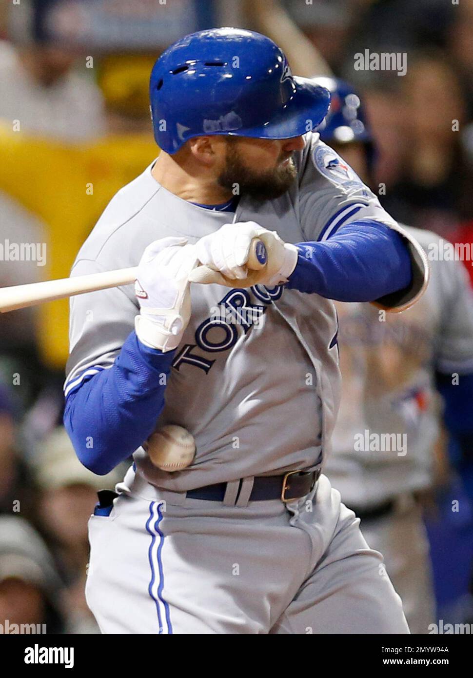 Toronto Blue Jays' Kevin Pillar is hit by a pitch during the sixth ...