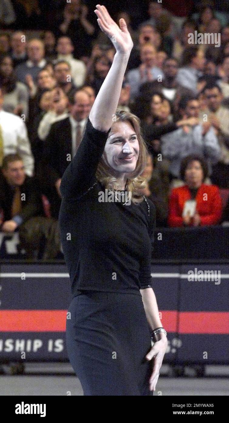 Tennis star Steffi Graf waves to the crowd at a ceremony honoring her ...